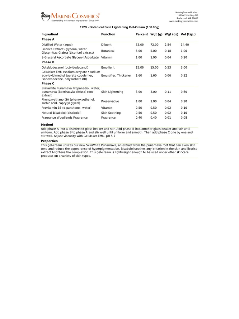 Formula 1723 Botanical Skin Lightening Gel Cream | PDF | Glycerol | Chemical Substances
