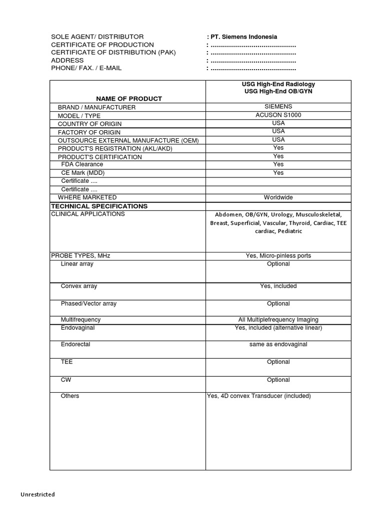 7 Spesifikasi USG Acuson S1000 USG Obgyn 4D UltraPremium W 3 Probes FINAL PDF | PDF | Medical ...