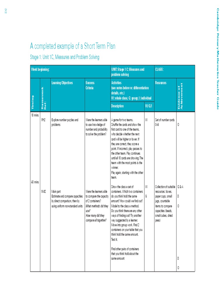 A Complete Example of A Short Term Plan Cambridge Primary Maths Guide p ...