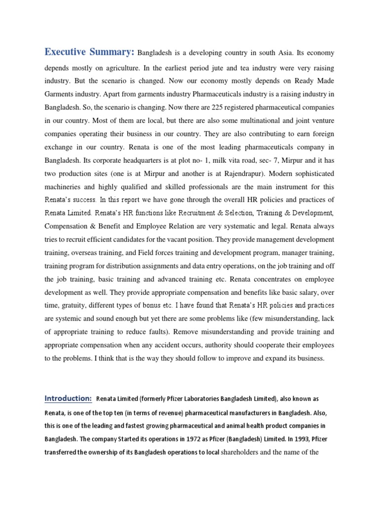 Executive Summary Renata | PDF | Bangladesh | Human Resource Management
