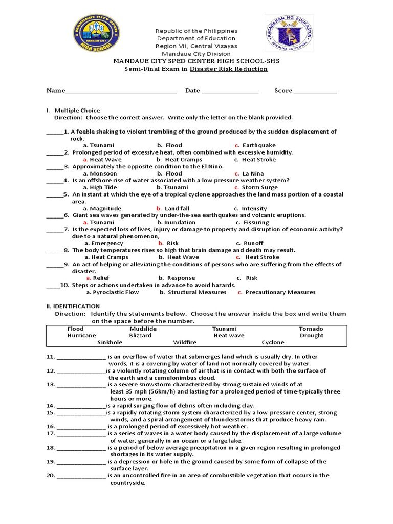 Disaster Risk Reduction Exam Prep | PDF | Blizzards | Natural Disasters