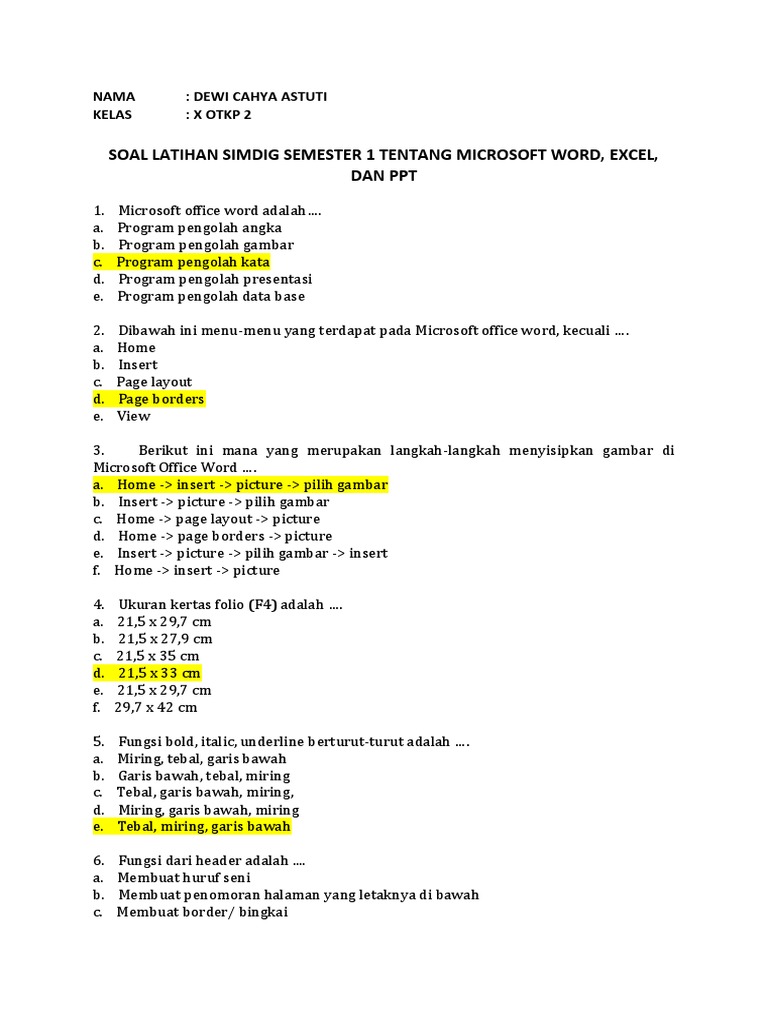 Soal Latihan Simdig Semester 1 Tentang Microsoft Word, Excel, & | PDF | Komputer