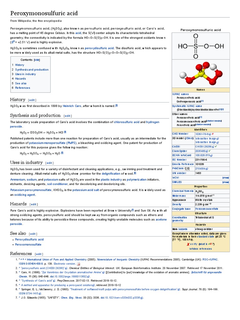 Peroxymonosulfuric Acid (Wiki) | PDF | Hydrogen Peroxide | Molecules