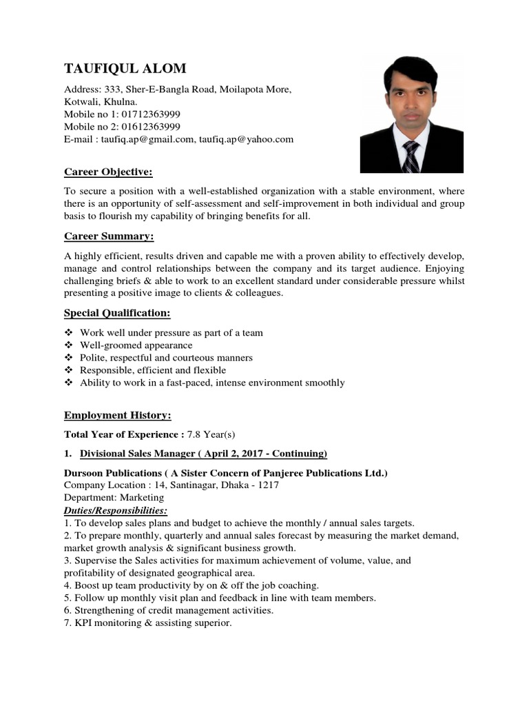 Modern CV Format of Bangladesh | Download Free PDF | Sales | Bangladesh