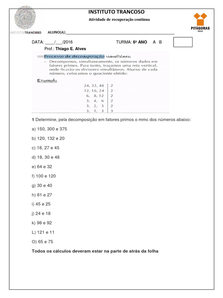 Atividade 6 Ano de Matemática MMC | PDF