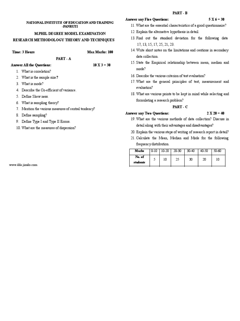 M Phil Research Methodology Model Question Papers | PDF | Median | Mode ...