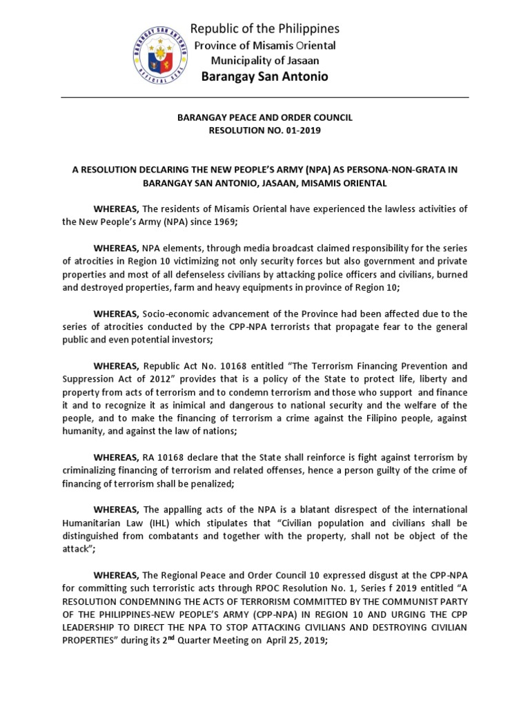 Resolution #1-2019 Peace and Order Council Re Declaring Npa as Persona ...