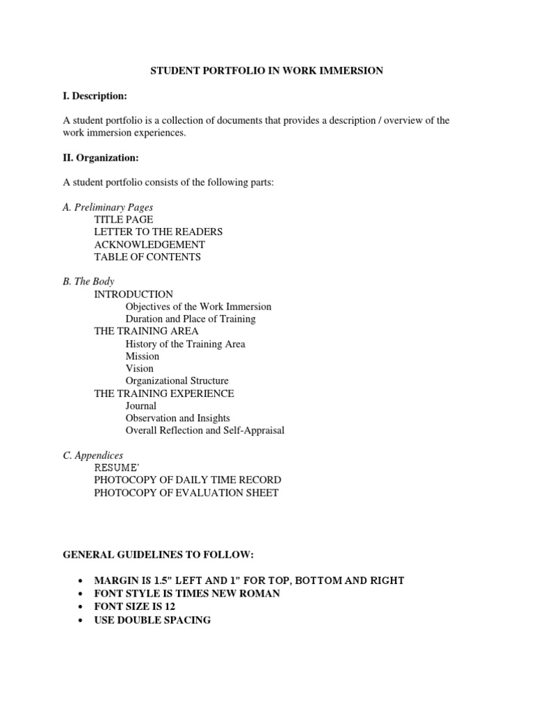 Student Portfolio Guide for Work Immersion | PDF | Learning | Behavior Modification
