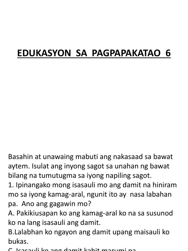 Edukasyon Sa Pagpapakatao 6 Review | PDF