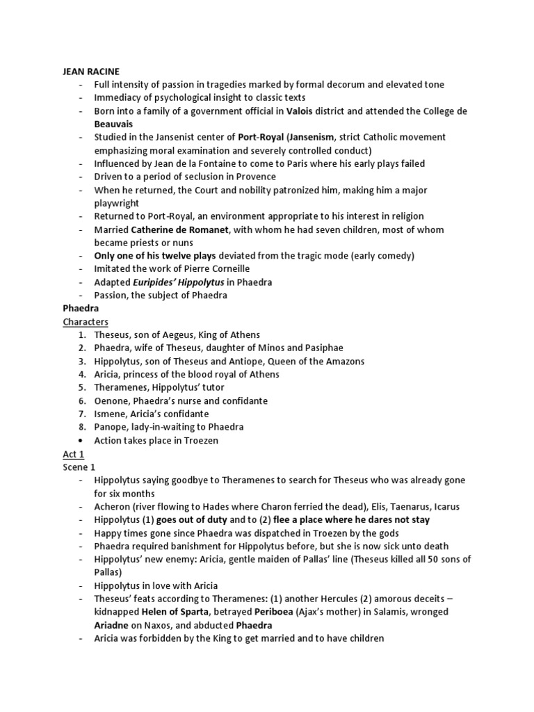 Racine's Phaedra Notes | PDF | Theseus