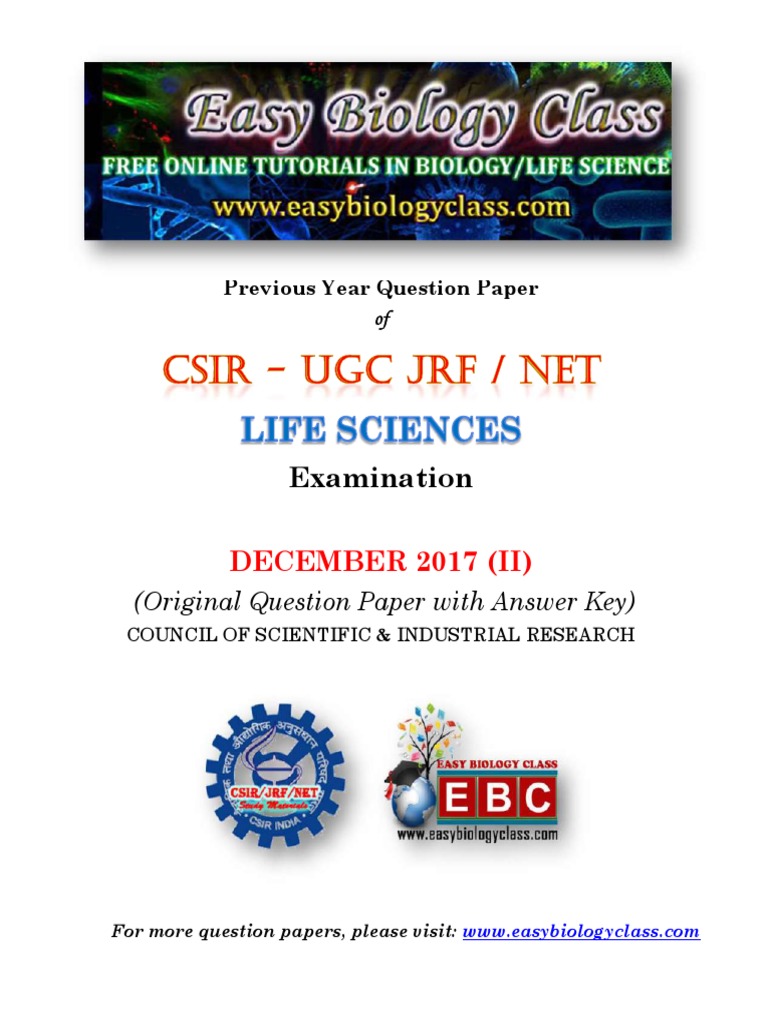 CSIR JRF NET December 2017 Life Sciences Original Solved Question Paper ...