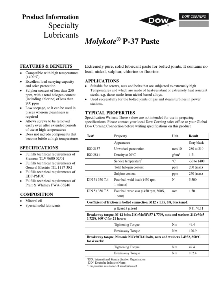 Molykote® P-37 Datasheet Eng PDF | PDF | Screw | Nut (Hardware)