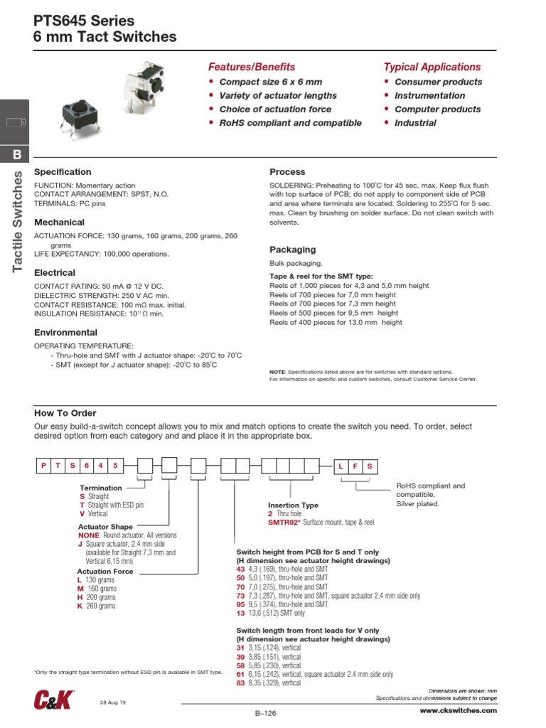 PTS645 Series6 MM Tact Switches | PDF | Soldering | Switch