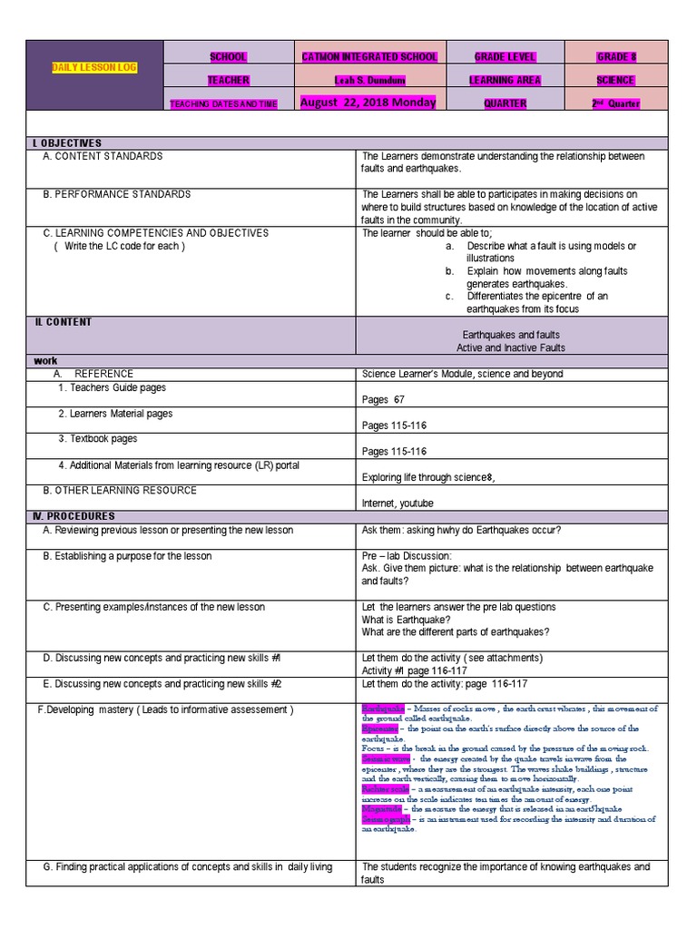 Daily Lesson Log | PDF | Earthquakes | Seismology