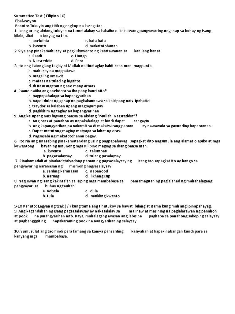 Summative Test Filipino | PDF