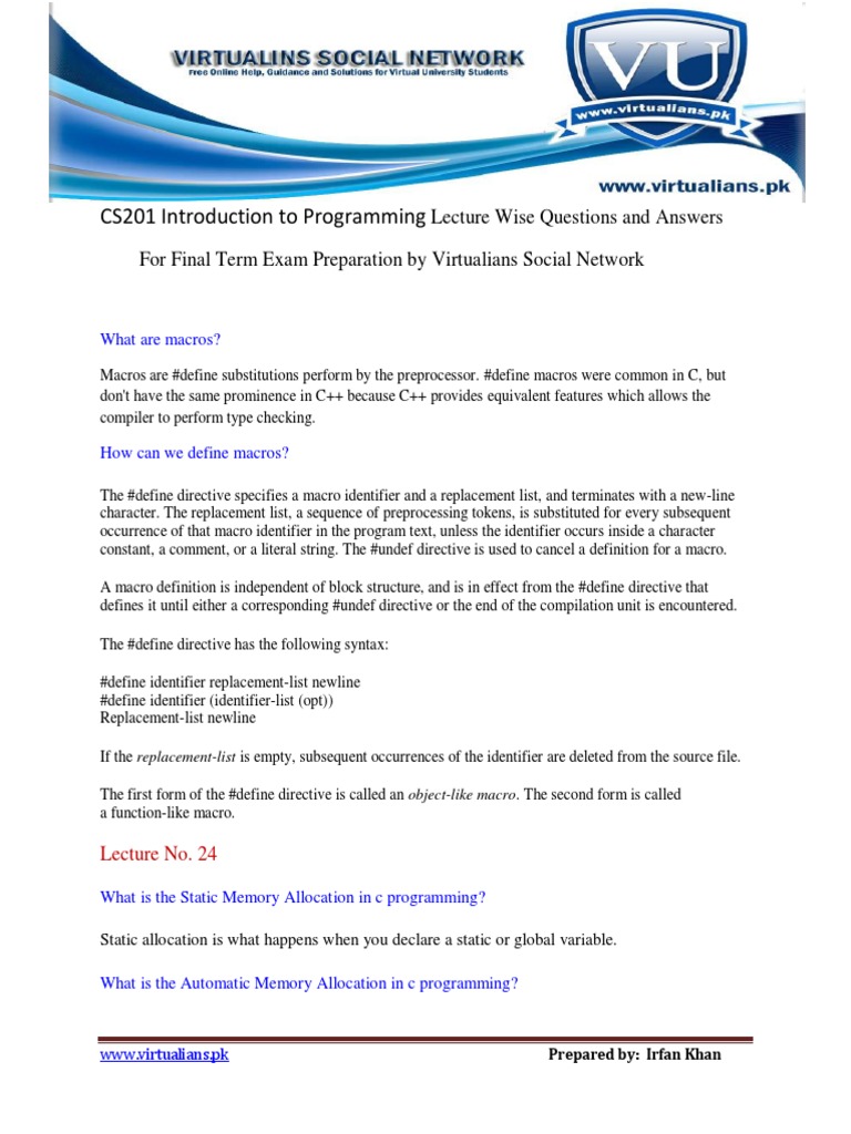 CS201 Introductionto Programming Lecture Wise Questionsand Answers For ...