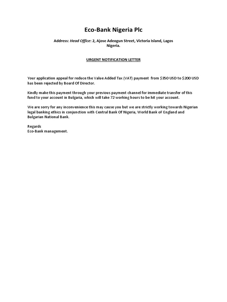 Eco Bank Letter | PDF