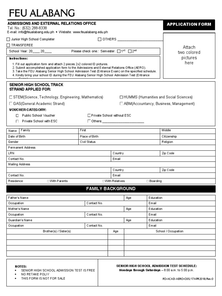 FEU Alabang Application Form SHS (Dragged) | PDF | Behavior ...