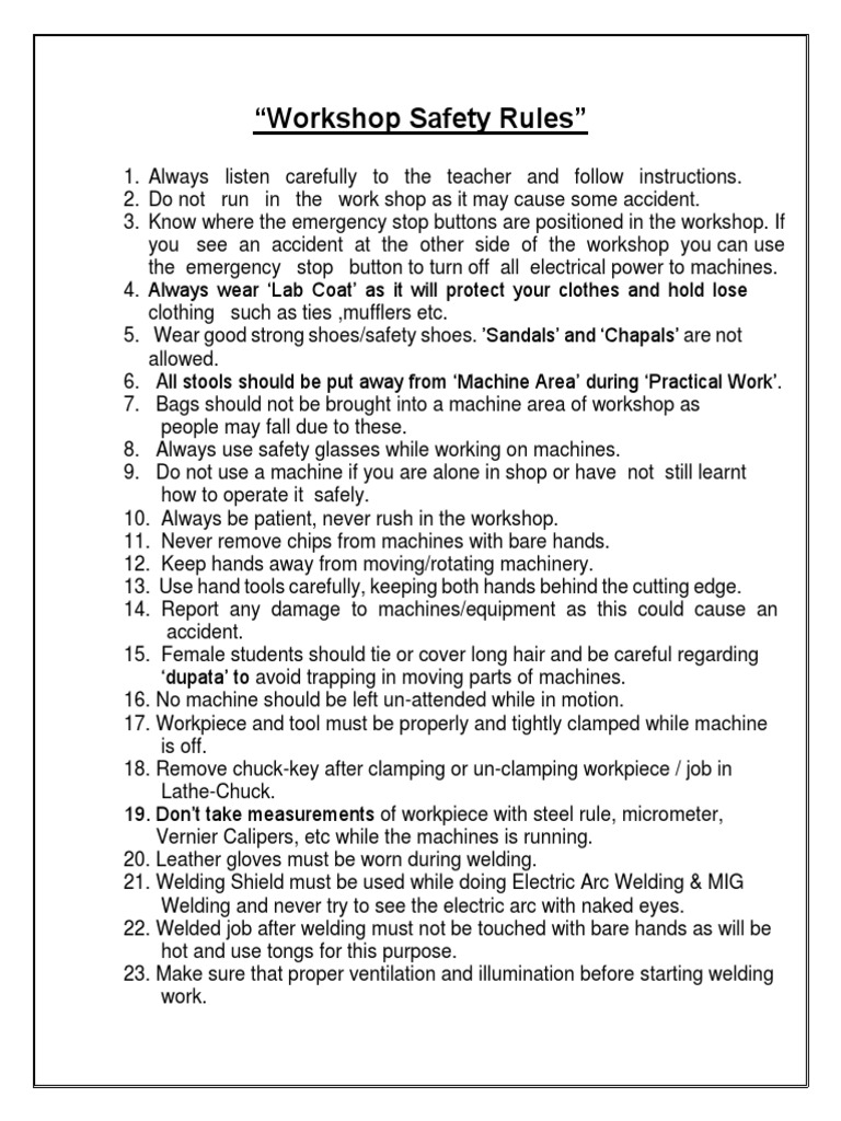 Workshop Safety Rules | PDF | Home & Garden | Technology & Engineering