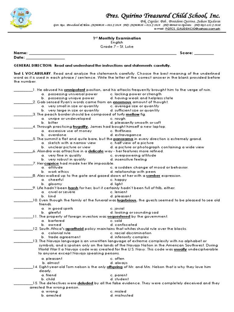 1st Monthly Exam Grade 7 English | PDF | Narrative | Philippines