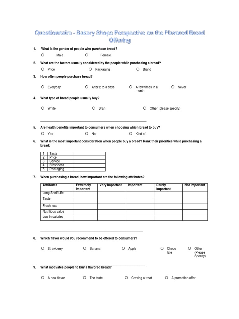 Flavoured Bread Questionnaire - For Bakeries | PDF | Breads | Foods