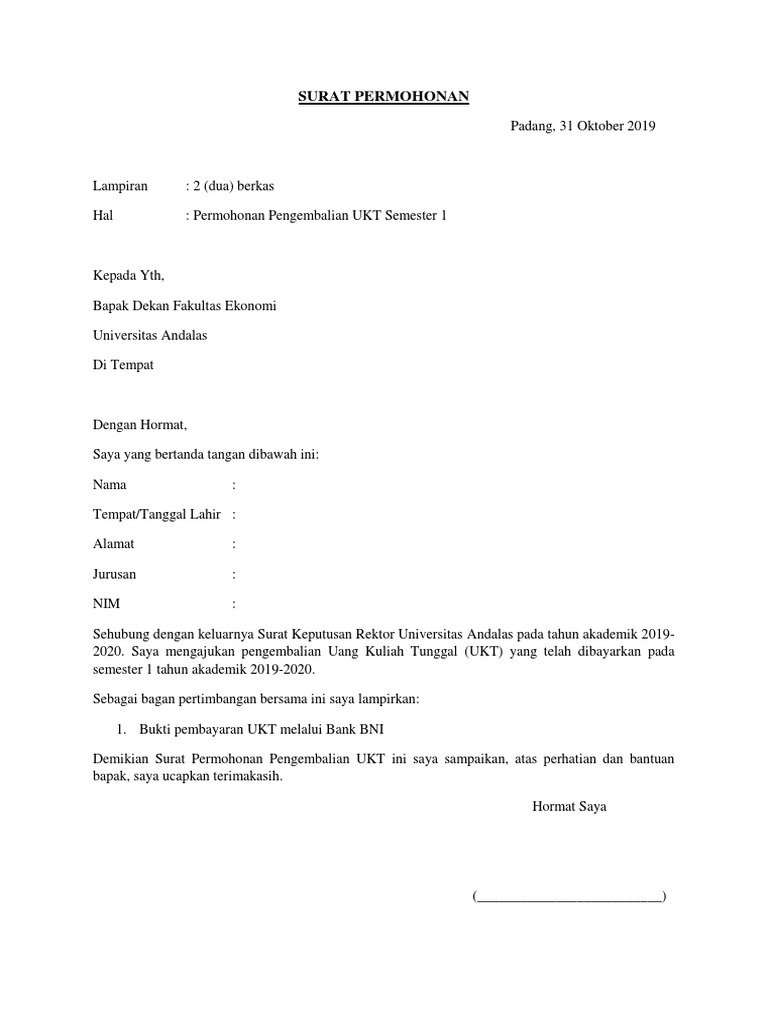 Surat Permohonan Pengembalian Ukt Mahasiswa SMMPTN 2019-2020 | PDF