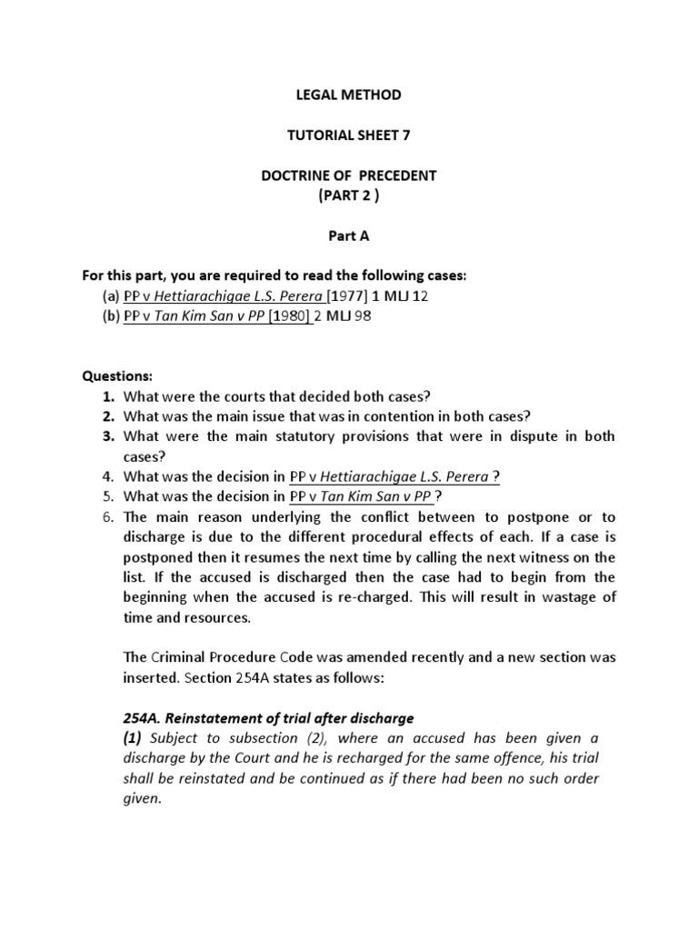 Tutorial Sheet 7 Stare Decisis Part 2 | PDF | Precedent | Criminal ...