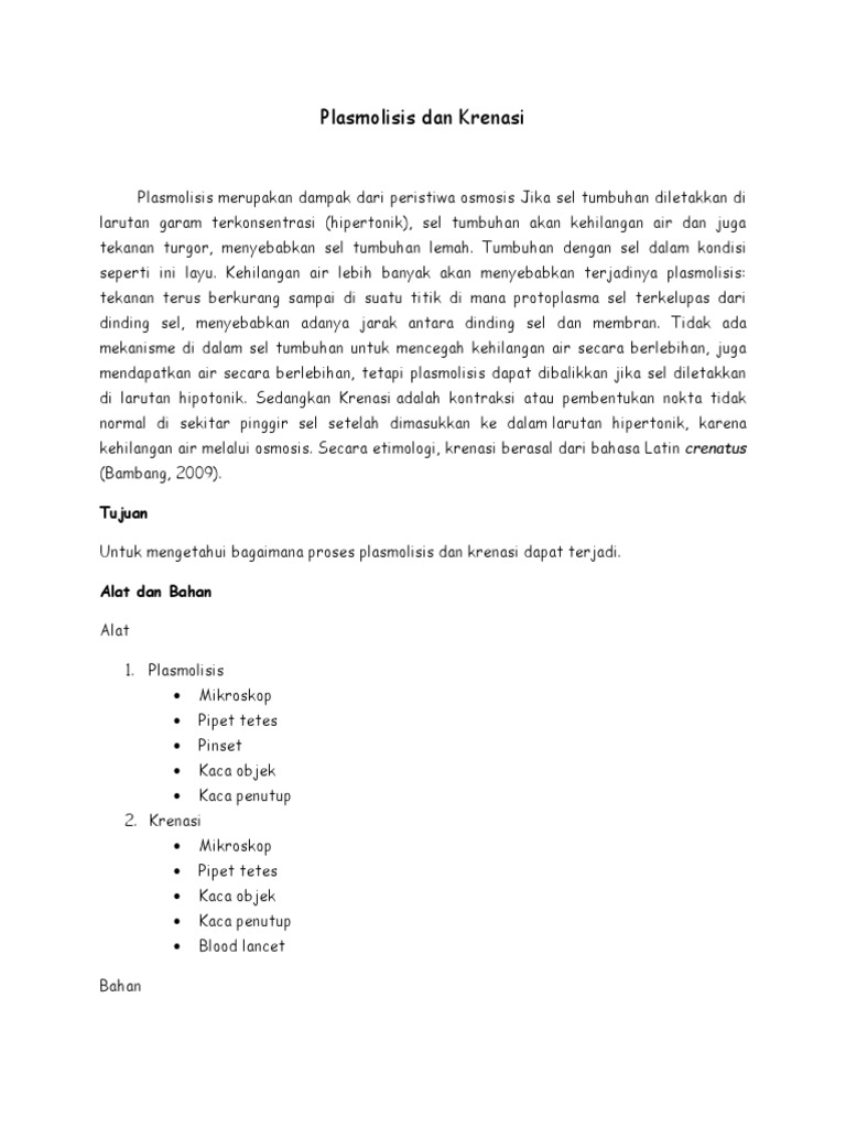 Plasmolisis dan Krenasi: Proses dan Pengamatan | PDF