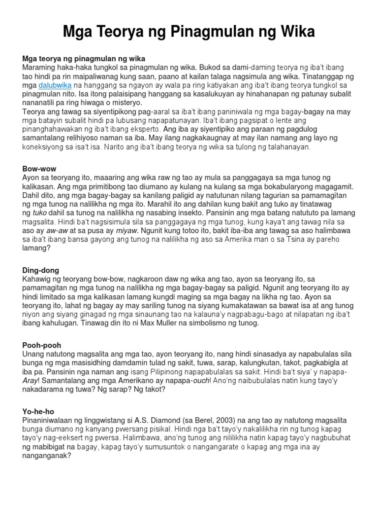 Mga Teorya NG Pinagmulan NG Wika | PDF
