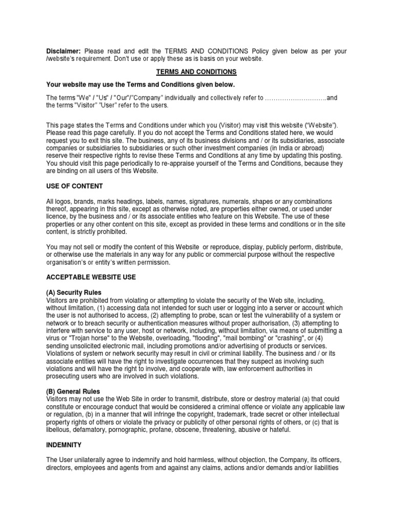 Sample Terms and Conditions | PDF | Damages | Legal Liability