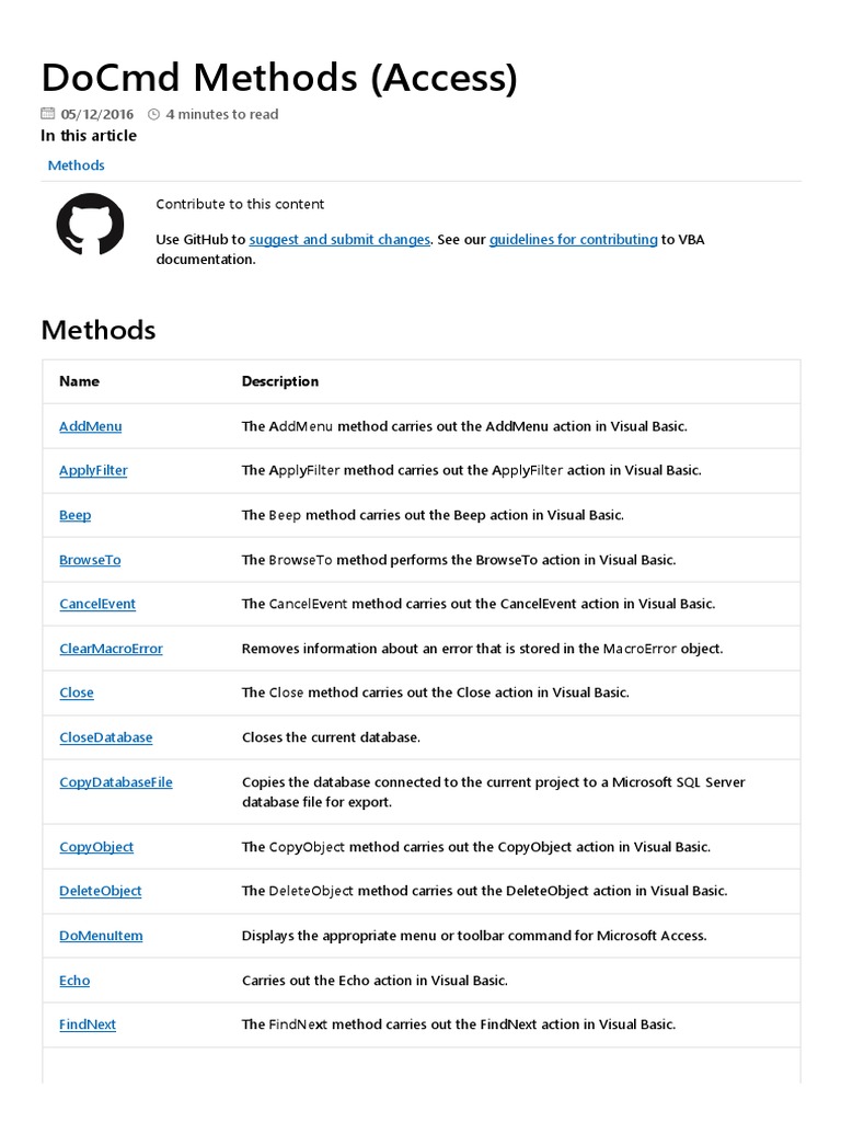Access DoCmd Methods Guide | PDF | Microsoft Access | Microsoft Sql Server