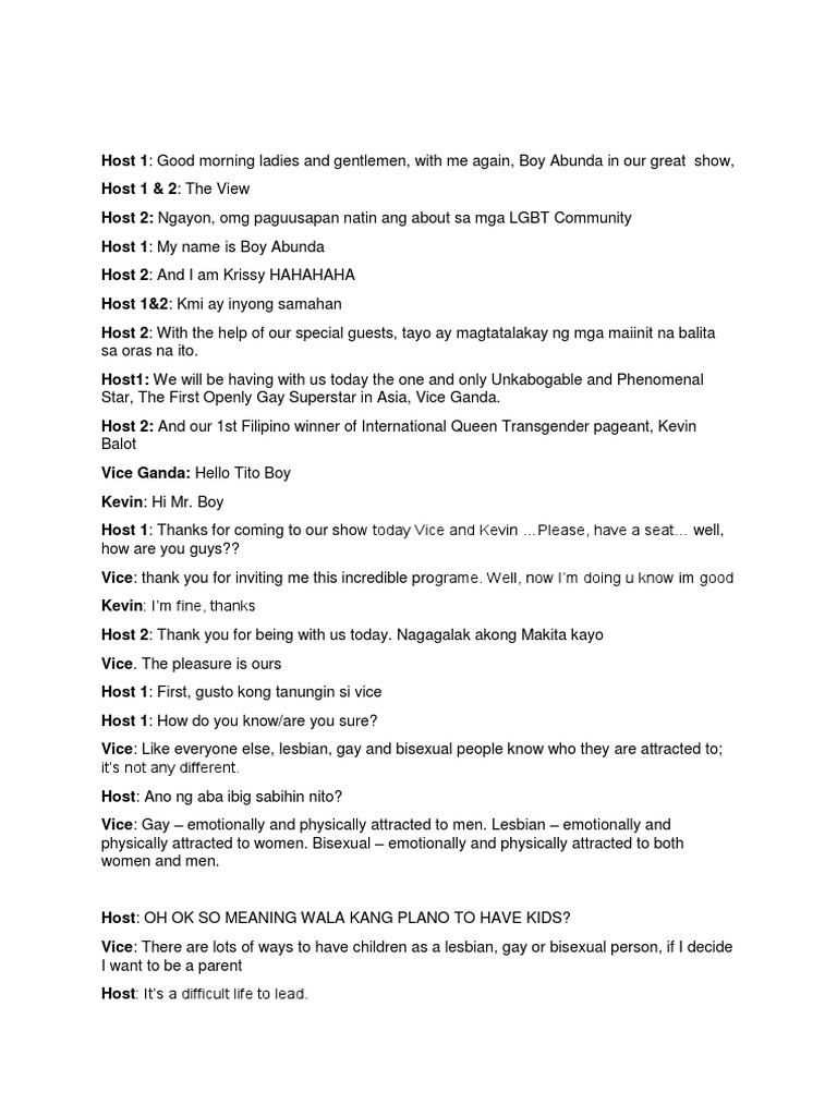 Talk Show Script | PDF | Same Sex Sexuality | Human Reproduction