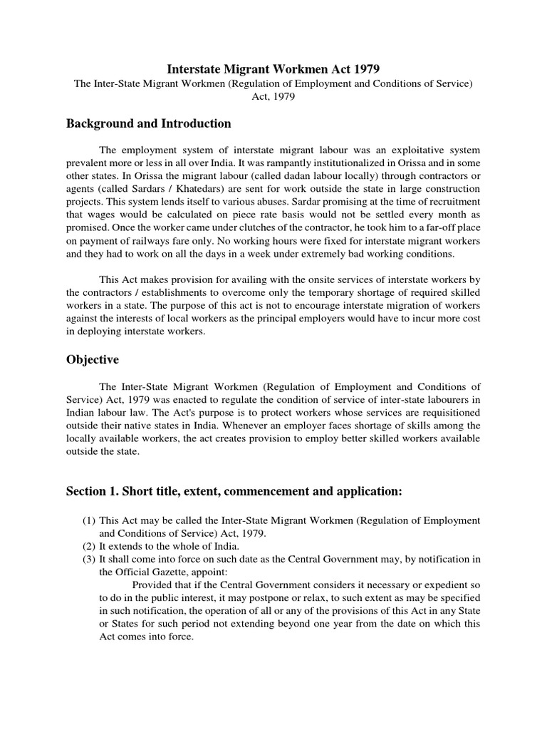 Interstate Migrant Workmen Act 1979 | PDF | Business | Labor