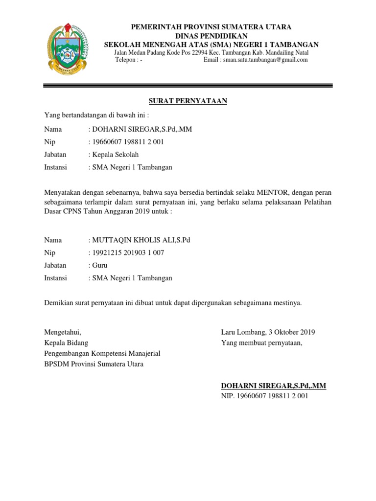 Contoh Surat Mentor Cpns Latsar | PDF