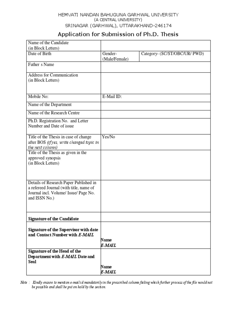 Application For PHD Thesis Submission | PDF | Thesis | Doctorate