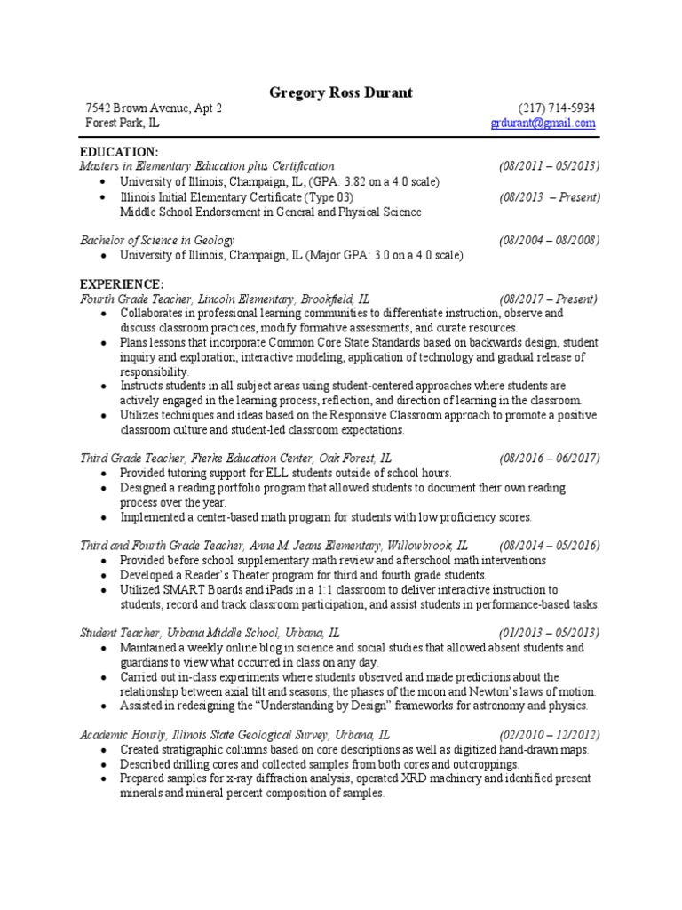 Greg Durant Resume Teaching | PDF | Classroom | Differentiated Instruction