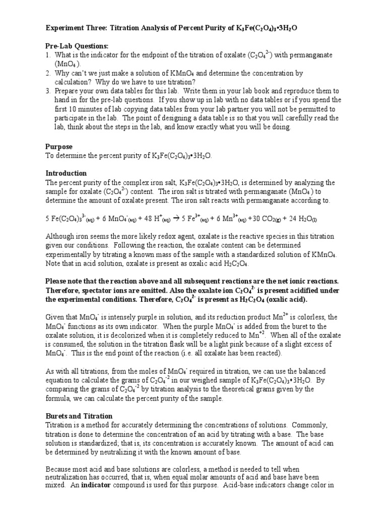 Experiment 3 Redox Titration Percent Purity Analysis PDF | PDF ...
