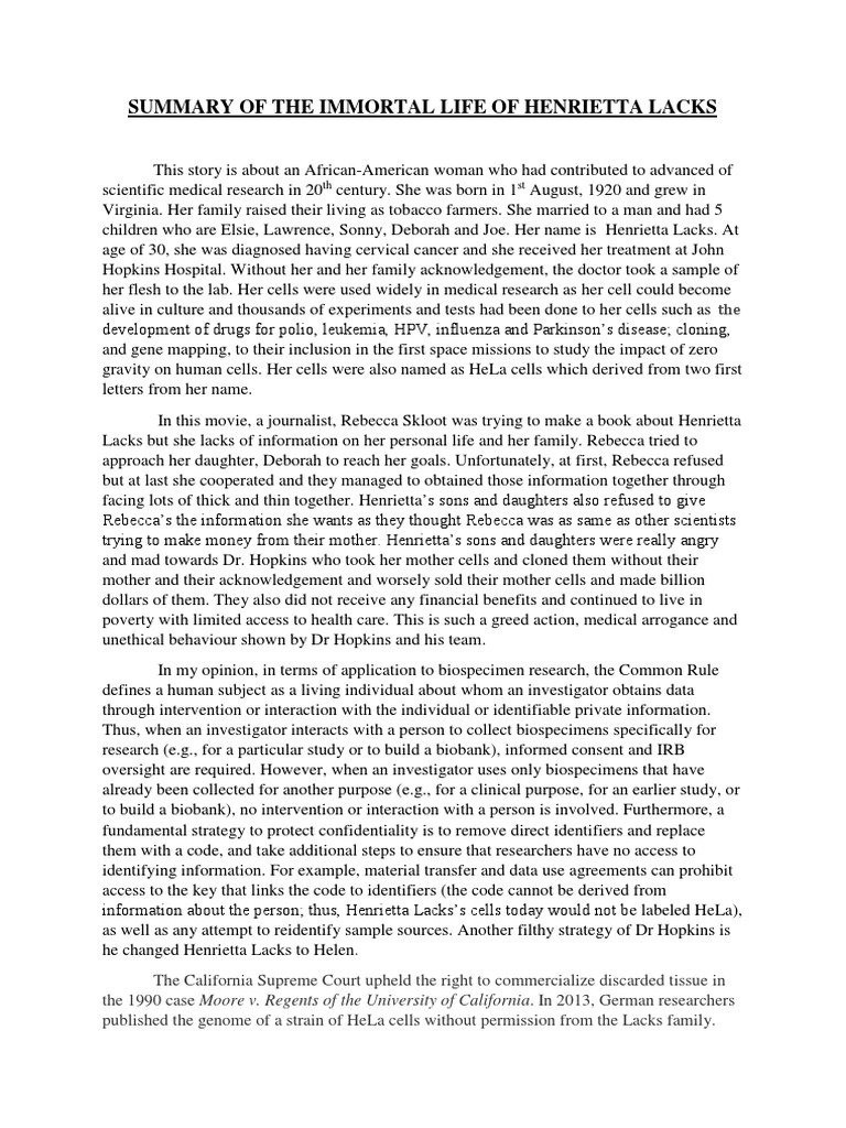Summary of The Immortal Life of Henrietta Lacks | PDF | He La | Medicine