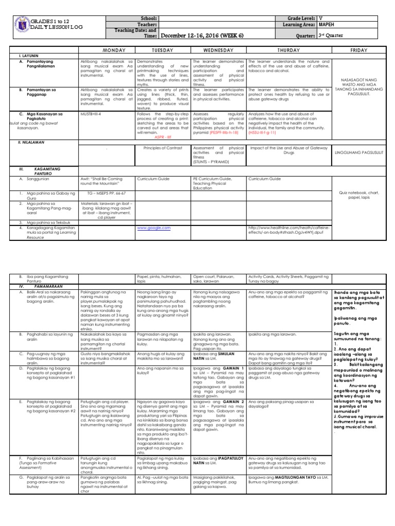 MAPEH Lesson Plan for Grade 5 | PDF | Drugs Acting On The Nervous ...