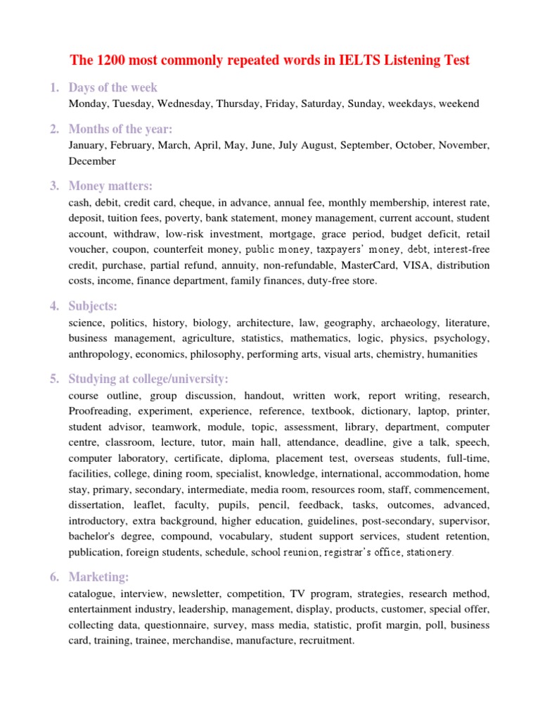 The 1200 Most Commonly Repeated Words in IELTS Listening Test | PDF ...