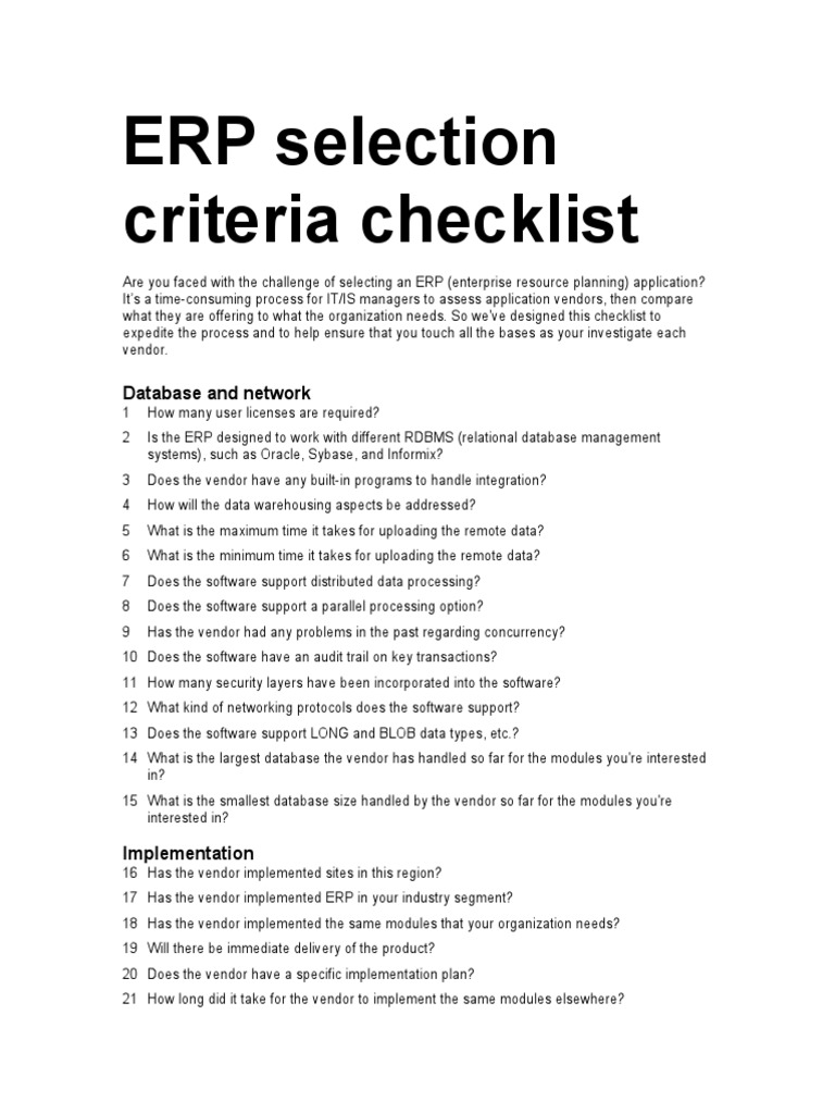 Erp Checklist | PDF | Enterprise Resource Planning | Relational Database