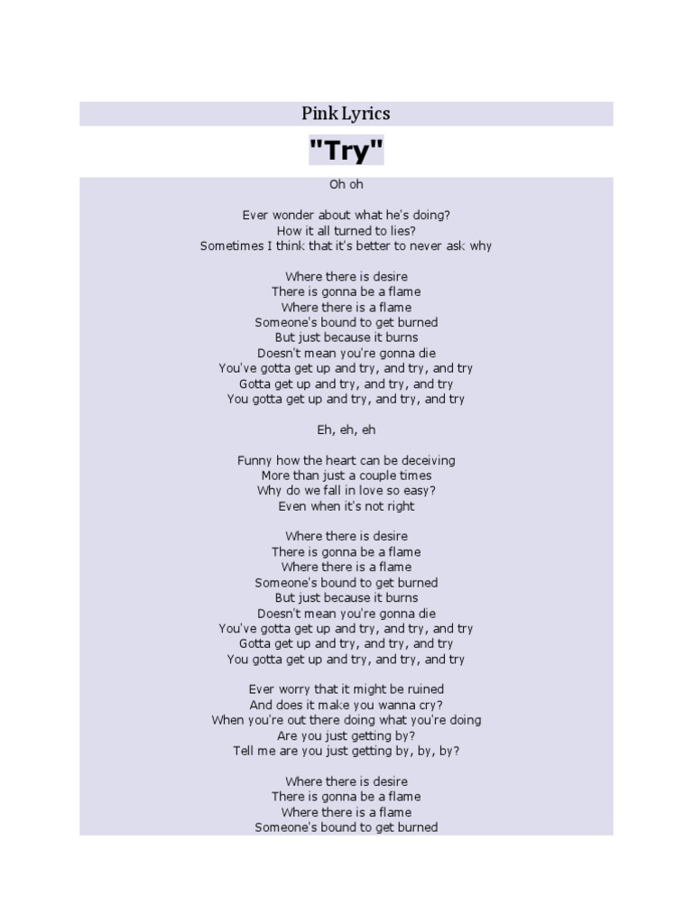 TRY, Pink Lyrics | PDF