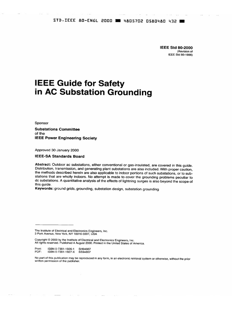IEEE STD 80-2000 IEEE Guide For Safety in AC Substation Grounding PDF | PDF