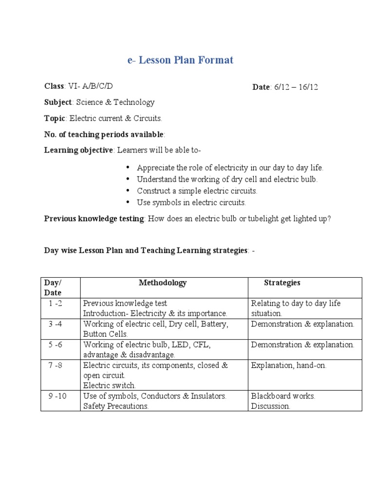 E-Lesson Plan Electricity | PDF | Lesson Plan | Critical Thinking