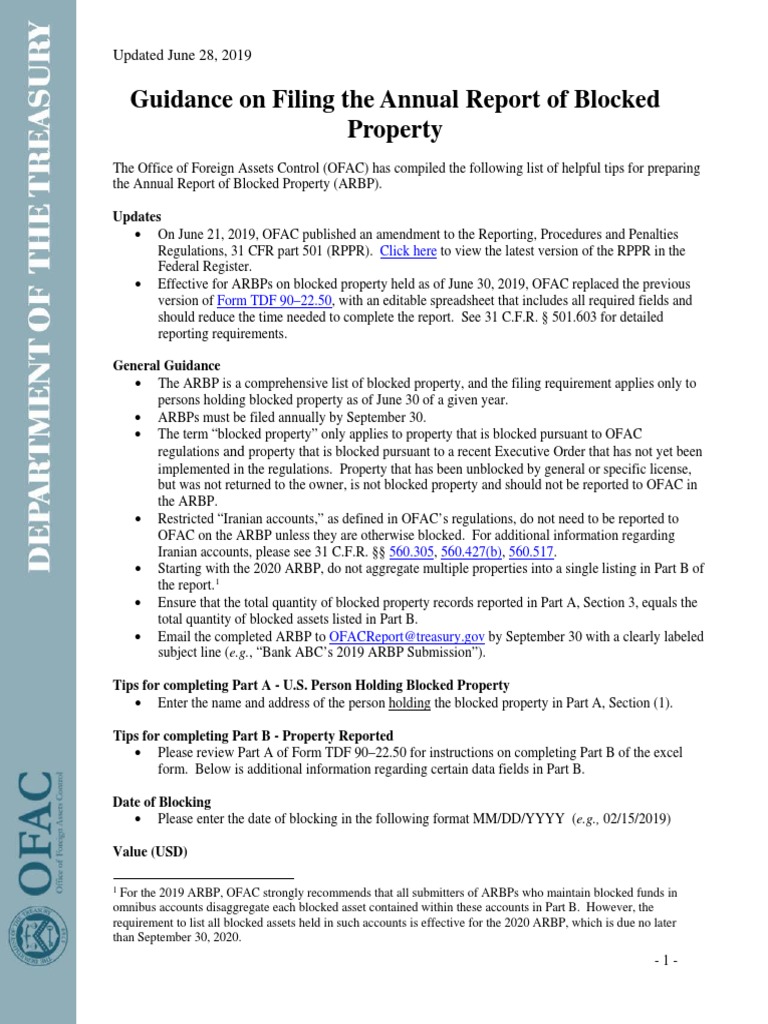 Ofac Blocked Property Guidance Pdf Office Of Foreign Assets Control Wire Transfer 