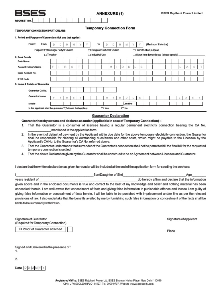 BSES Temporary Connection Application | PDF | Newfoundland And Labrador