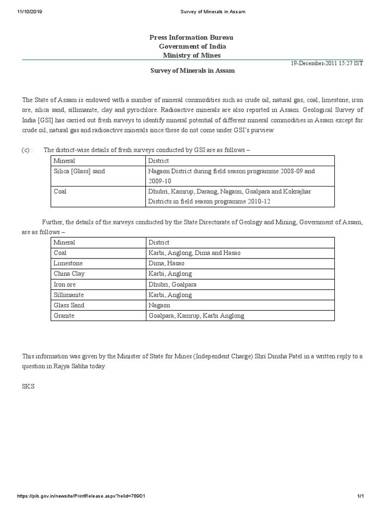 Survey of Minerals in Assam | PDF | Mining | Minerals