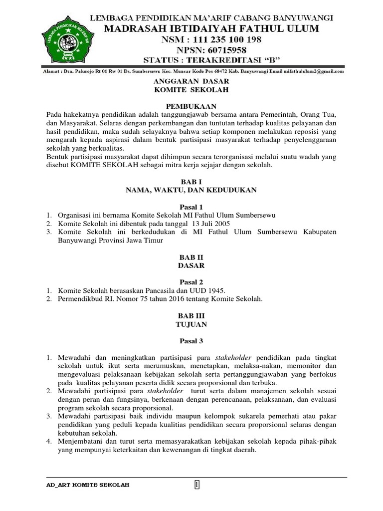 AD - ART KOMITE Sekolah | PDF