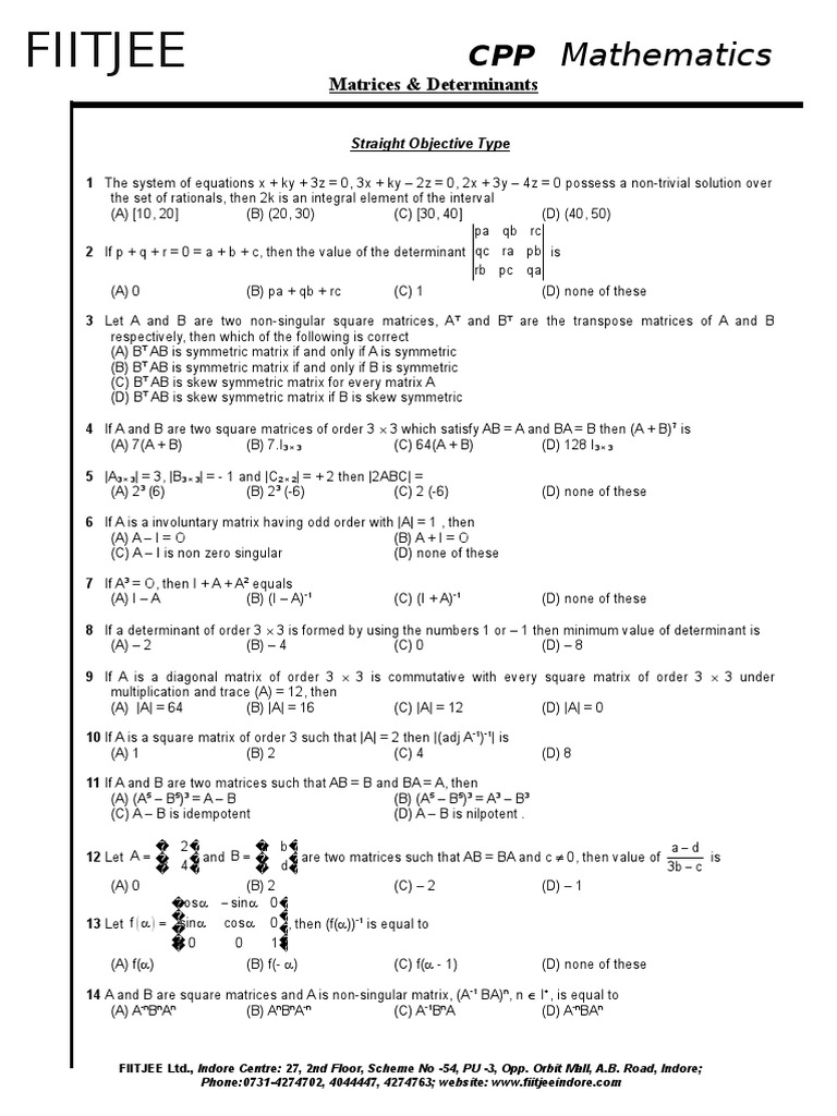 FIITJEE CPP Mathematics: Matrices | PDF | Determinant | Matrix ...