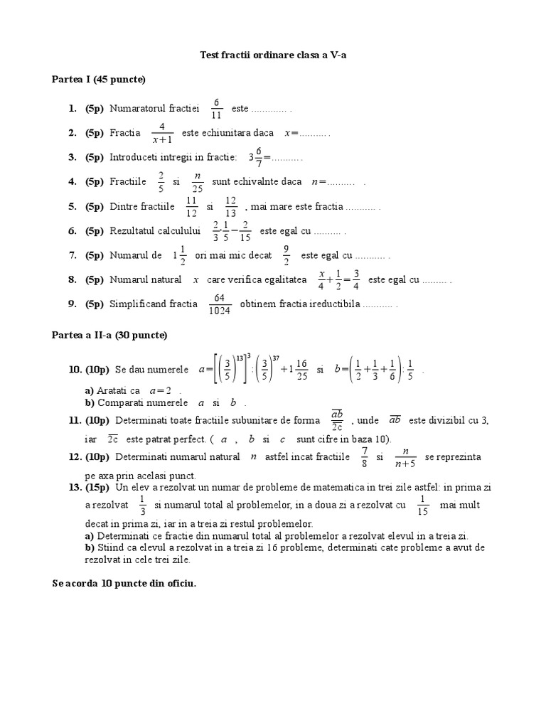 Test Fractii Ordinare Cls 5 PDF | PDF